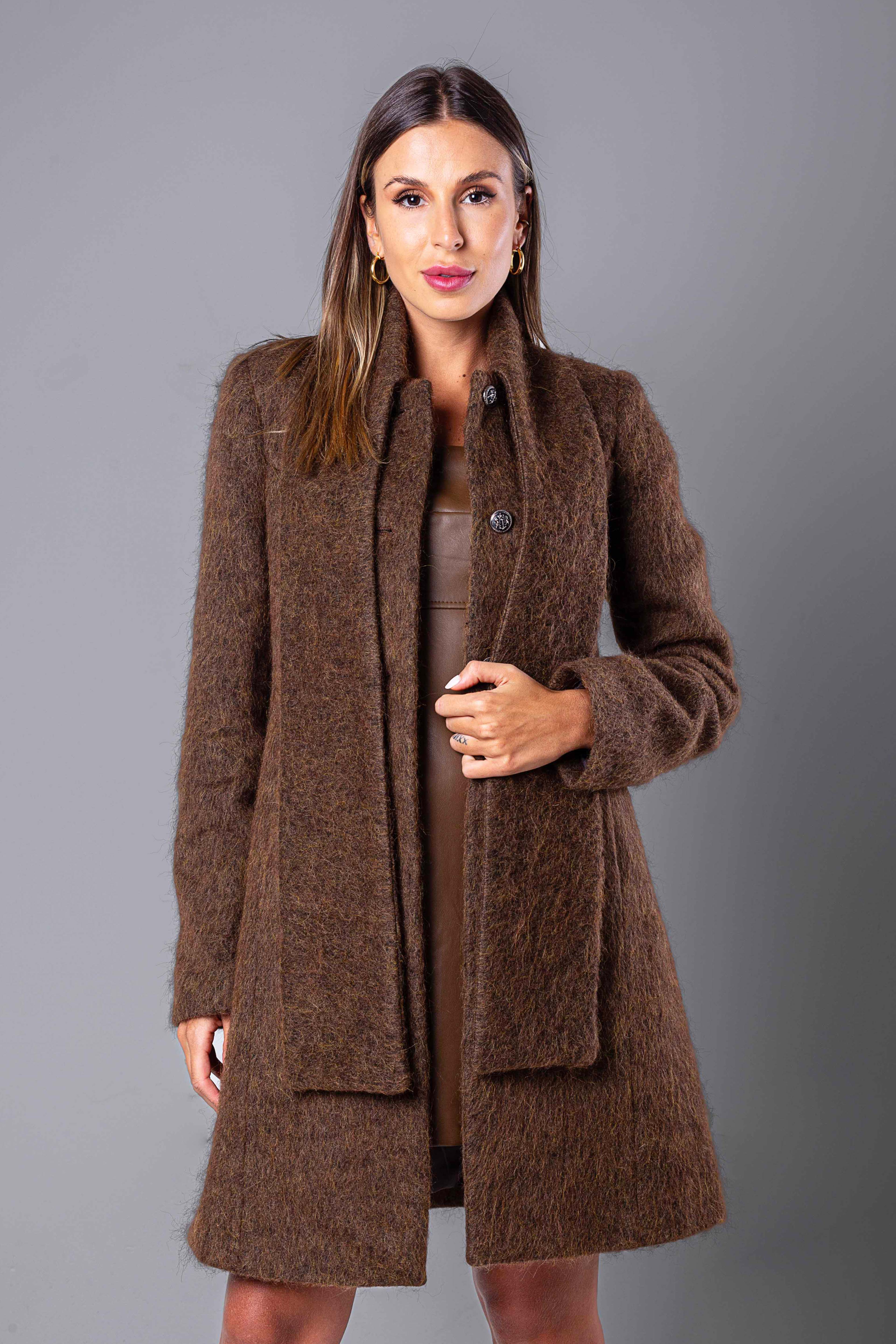 Casaco de lã com gola cachecol marrom - Belfast