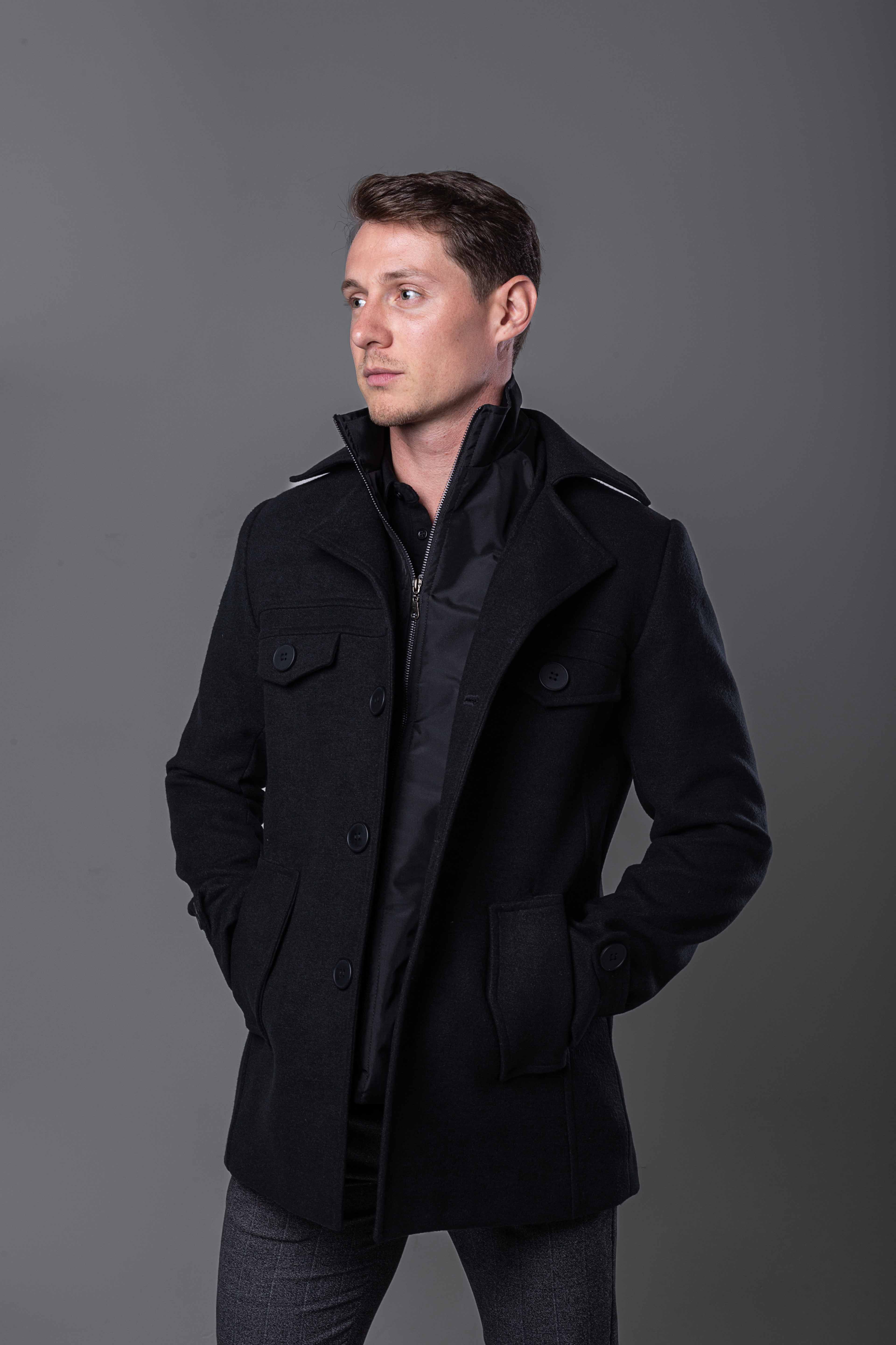 Casaco de lã masculino com fechamento duplo preto - Belfast