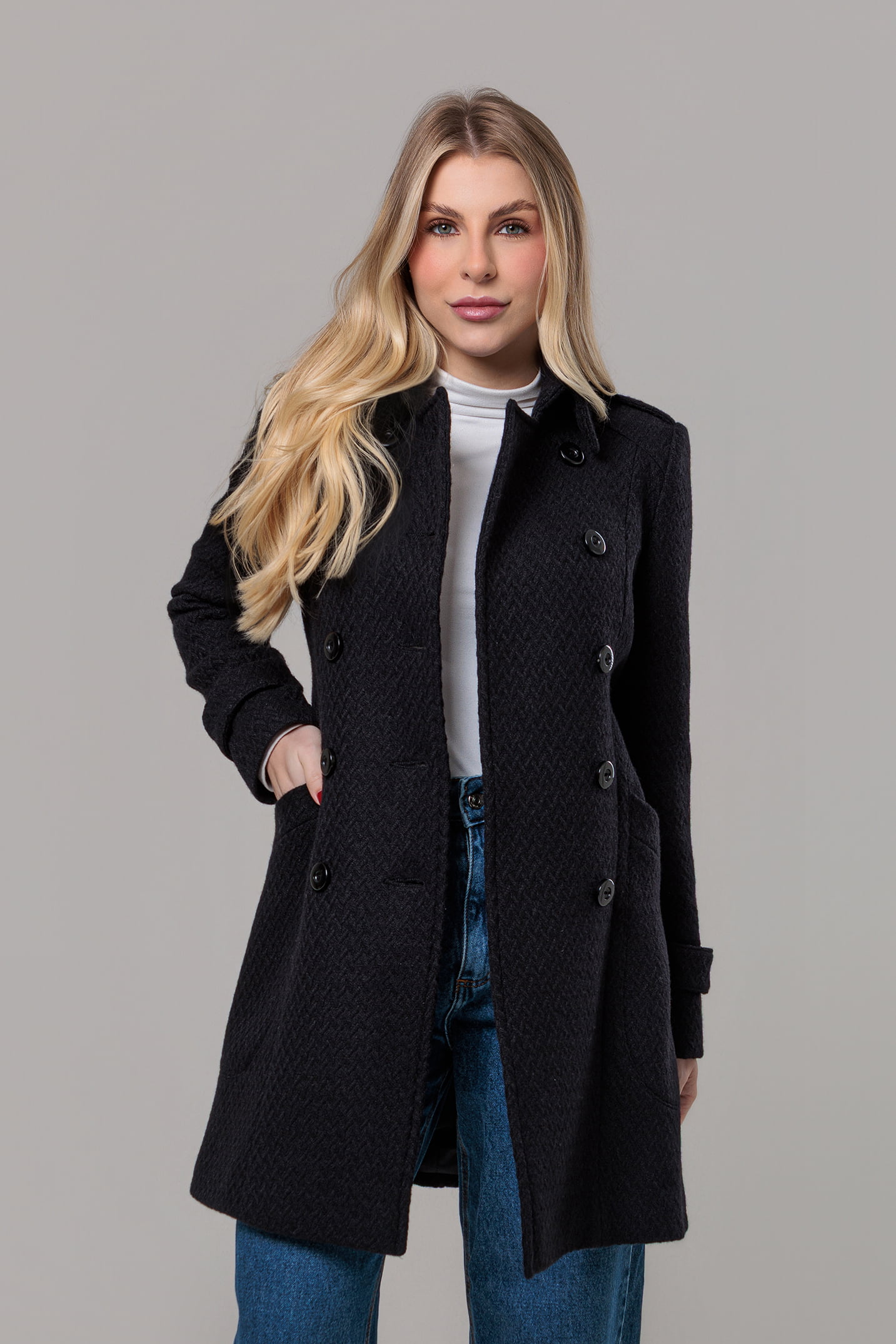 Casaco feminino de inverno preto lã trançada - Belfast